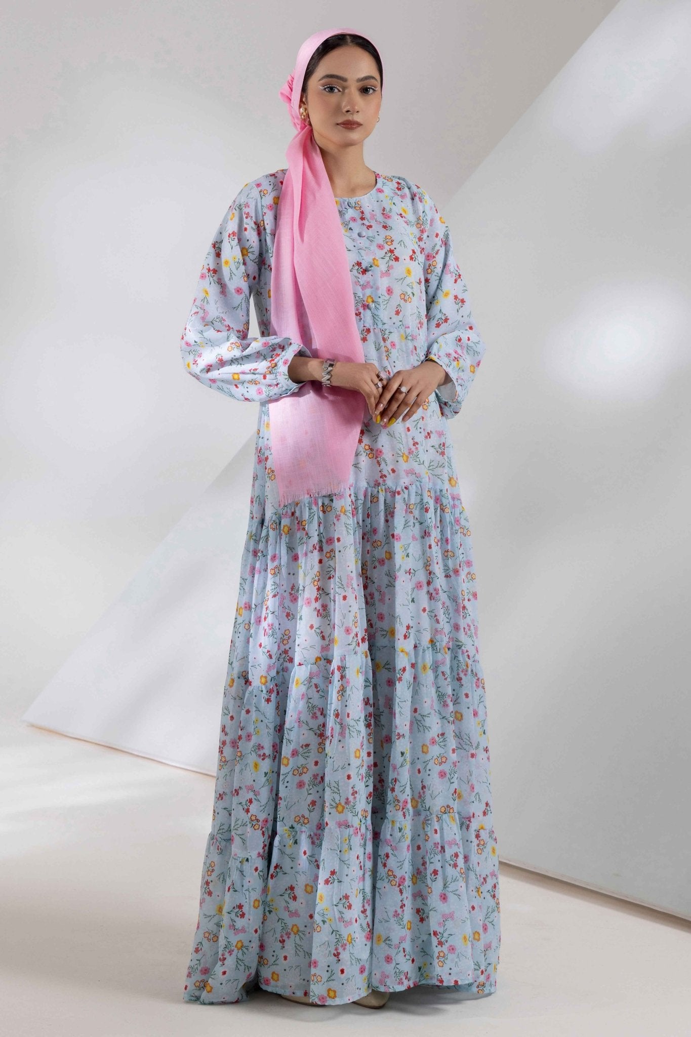 Spring Bliss Maxi Dress – Light Blue Print Chiffon | Malbus